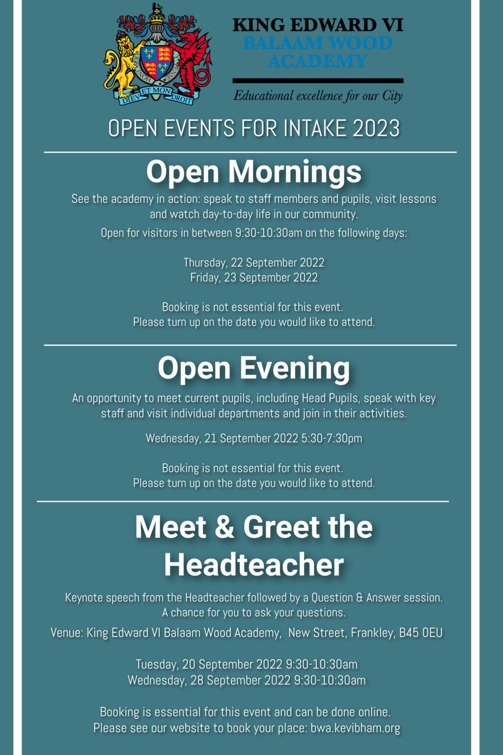 Open events for Intake 2023 - Balaam Wood Academy